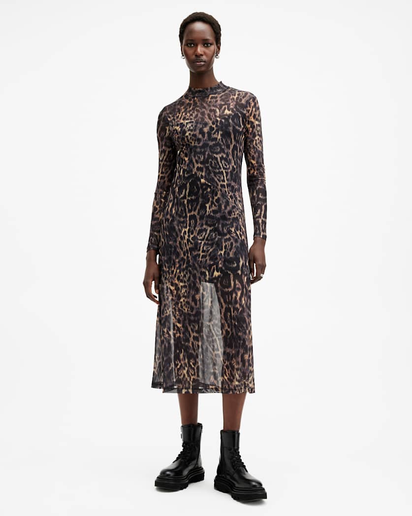 Hanna Mesh Animal Print Midi Dress JINX GOLDEN BROWN | ALLSAINTS US